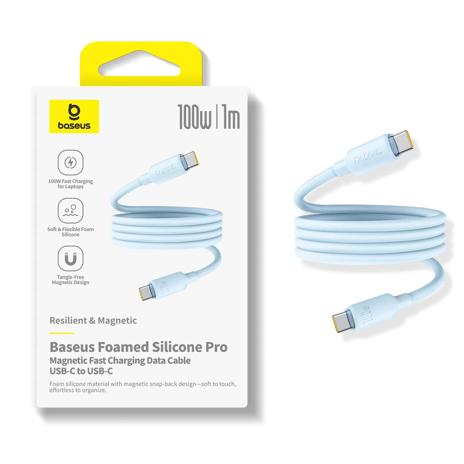 Магнитный кабель для быстрой зарядки Baseus Silicone Pro Magnetic, USB-C to USB-C, E-Marker Chip 100W, 1 метр, Голубой