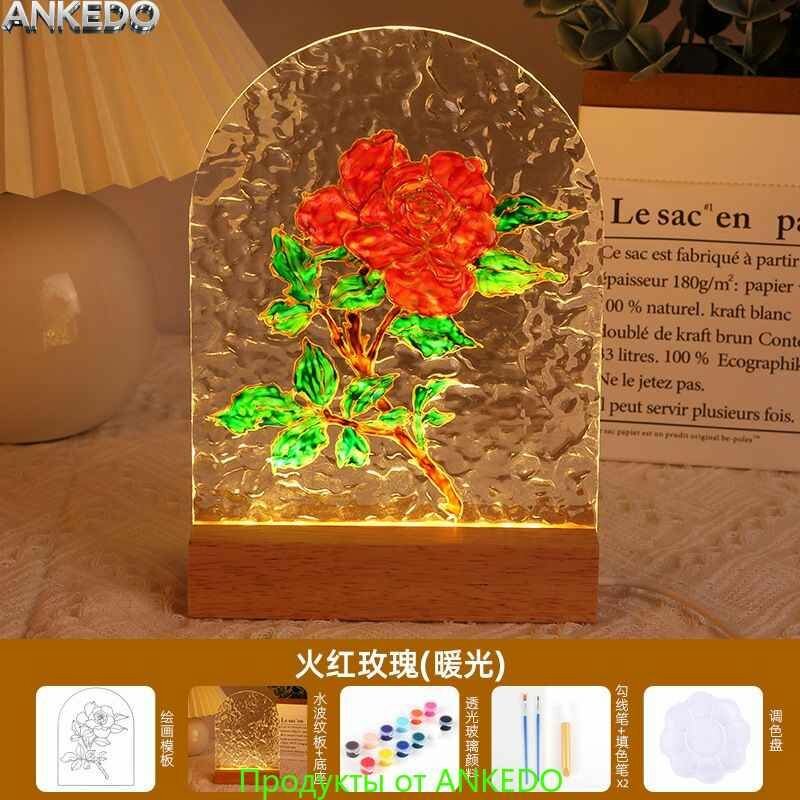 Набор для творчества "Тюльпан в витражном стекле" DIY: Ночник с акриловой панелью "водная рябь", материалы для рисования (светодиодная основа, краски, кисти)