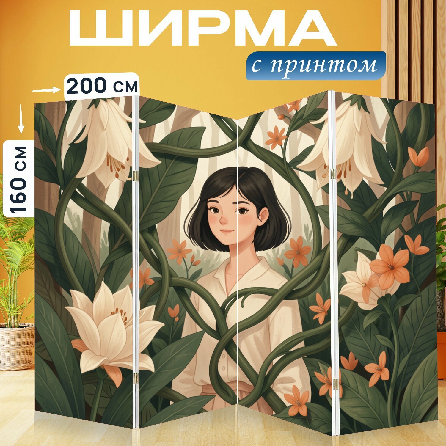 Ширма "Девушка среди лесных цветов. Нежная иллюстрация в тёплой пастельной гамме: юная брюнетка среди густой." перегородка для зонирования комнаты с принтом 200x160 см. на холсте