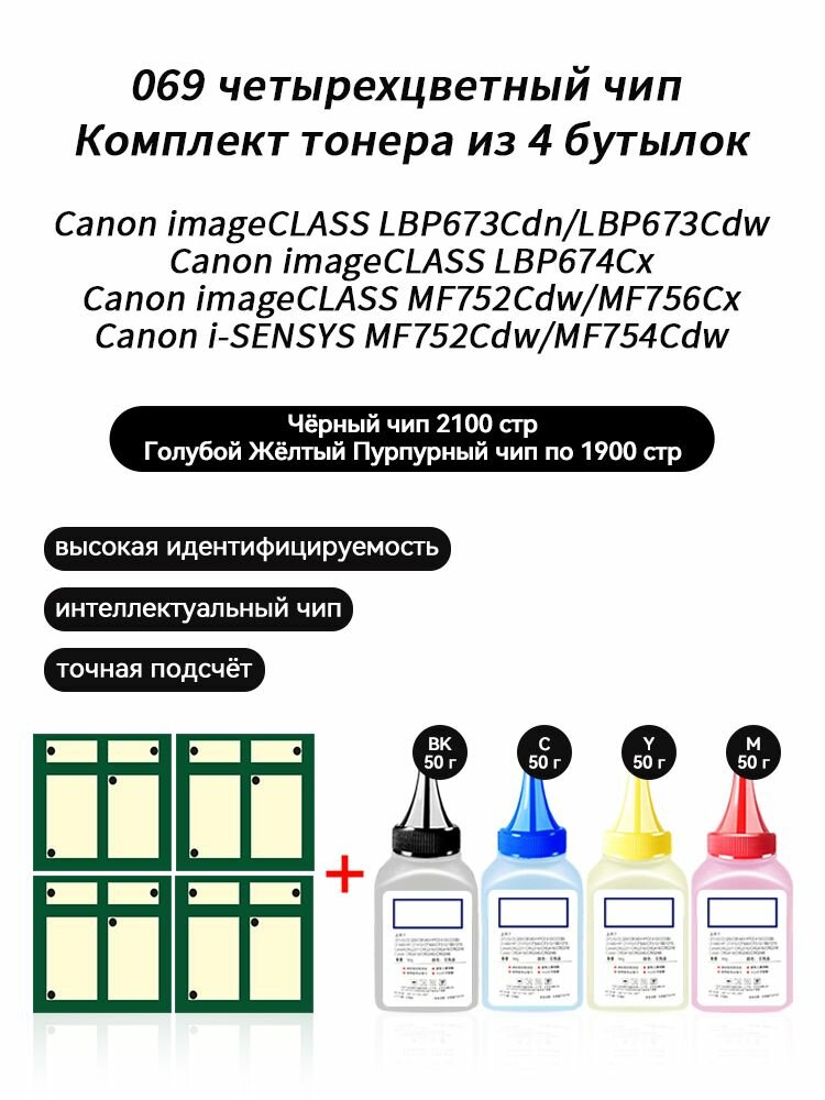 069 (набор) тонер 50г 4 шт + чип для картриджей Canon i-SENSYS LBP673Cdw LBP674CX LBP672C MF751cdw MF752cdw MF753cdw MF754cdw MF755cdw
