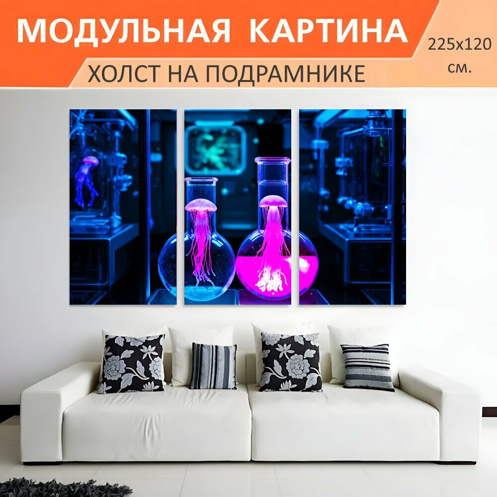 Модульная картина на холсте "В футуристической лаборатории находятся стеклянные колбы с биолюминесцентными медузами, светящимися." триптих на подрамнике 225х120 см. для интерьера