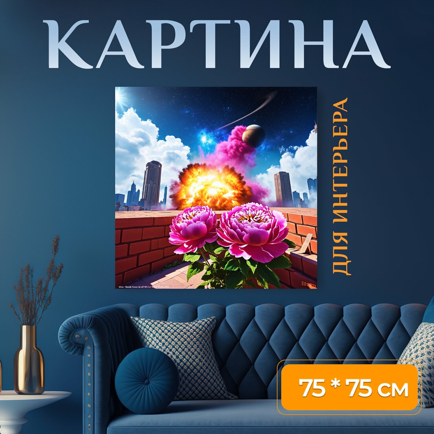 Картина на холсте "Фантастический пейзаж с красной кирпичной стеной, из которой распускается крупный pink пионы, окруженный взрывом цветной." на подрамнике 75х75 см. для интерьера