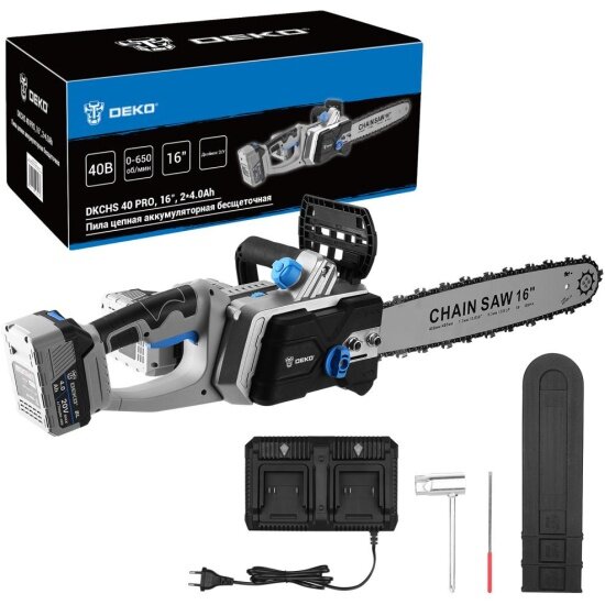 Пила цепная аккумуляторная бесщеточная Deko DKCHS 40 PRO, 16", 2х20В, 2x4.0Ач, двойное з/у (083-2002)
