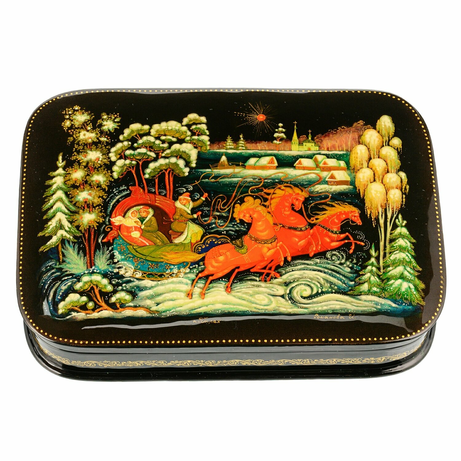 208479/17*12см Лаковая миниатюра Палех шкатулка "Тройка" Романова