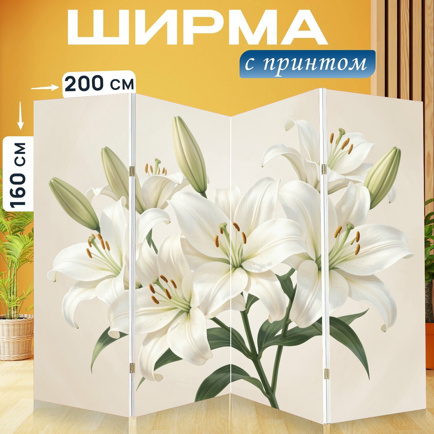Ширма "Белые лилии на светлом фоне. Нежная флористическая композиция с крупными кремово-белыми цветами и." перегородка для зонирования комнаты с принтом 200x160 см. на холсте
