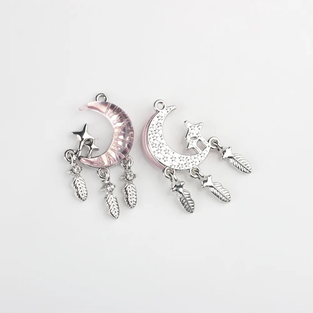 Подвески луна с перьями и звездами, Silver pink