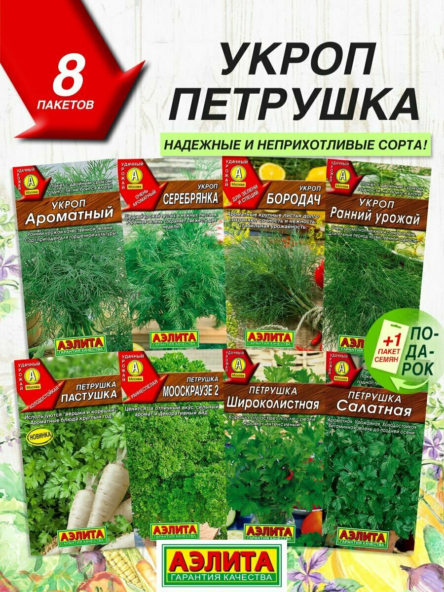Семена зелени Аэлита Укроп и Петрушка 8 сортов / Семена Укропа, Петрушки