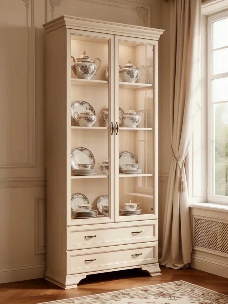 Шкаф-витрина Кураж "Сиена", 2 стеклодвери, ЛДСП, бежевый, золотистый, 95,6х213х39,9 см