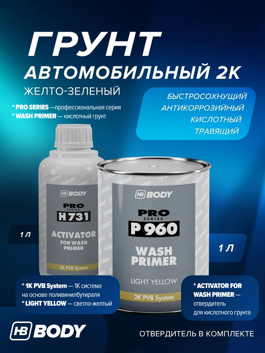 Кислотный грунт для авто 2К 1:1 серый 1 л + 1 л отвердитель HB BODY 960 протравливающий, антикоррозийный, адгезионный