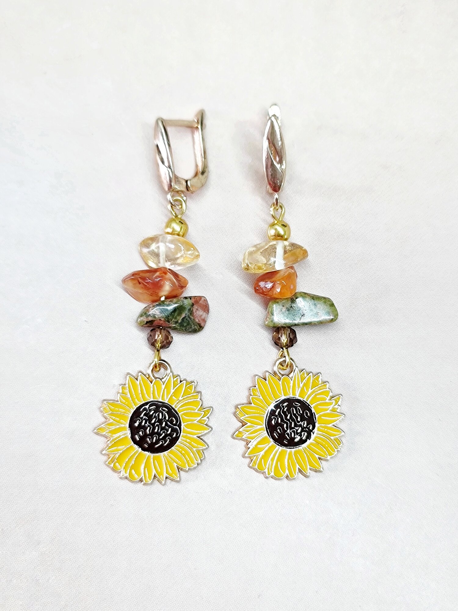 Серьги с подвесками, сердолик, цитрин