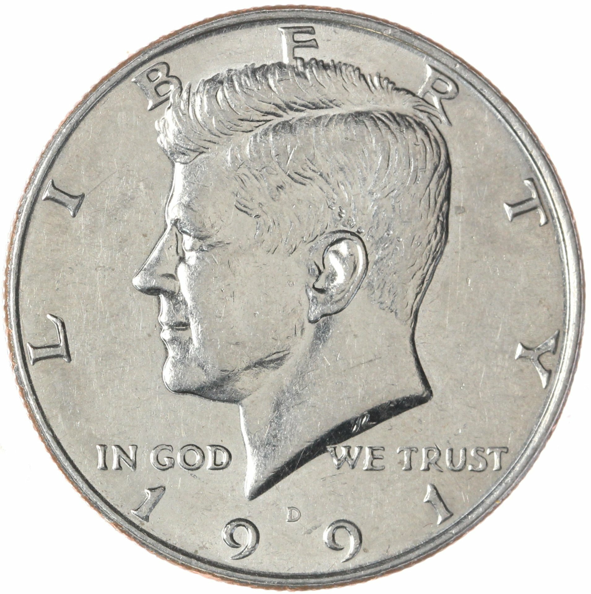 США 50 центов 1/2 доллара, half dollar 1991 D Kennedy Half Dollar Кеннеди знак монетного двора "D" - Денвер, Медь, в сохранности XF-AU
