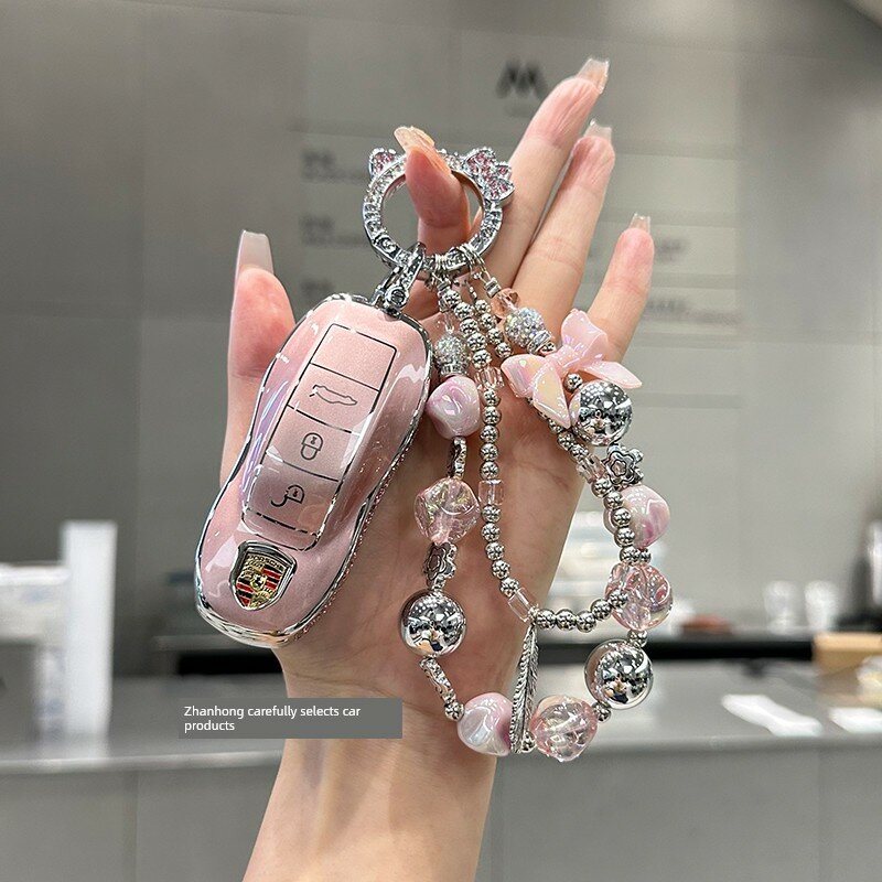 Ключевой брелок Porsche B-Style 3-кнопочный Sandy Pink + Двойная цепочка бабочка розовый + Котенок с алмазным кольцом