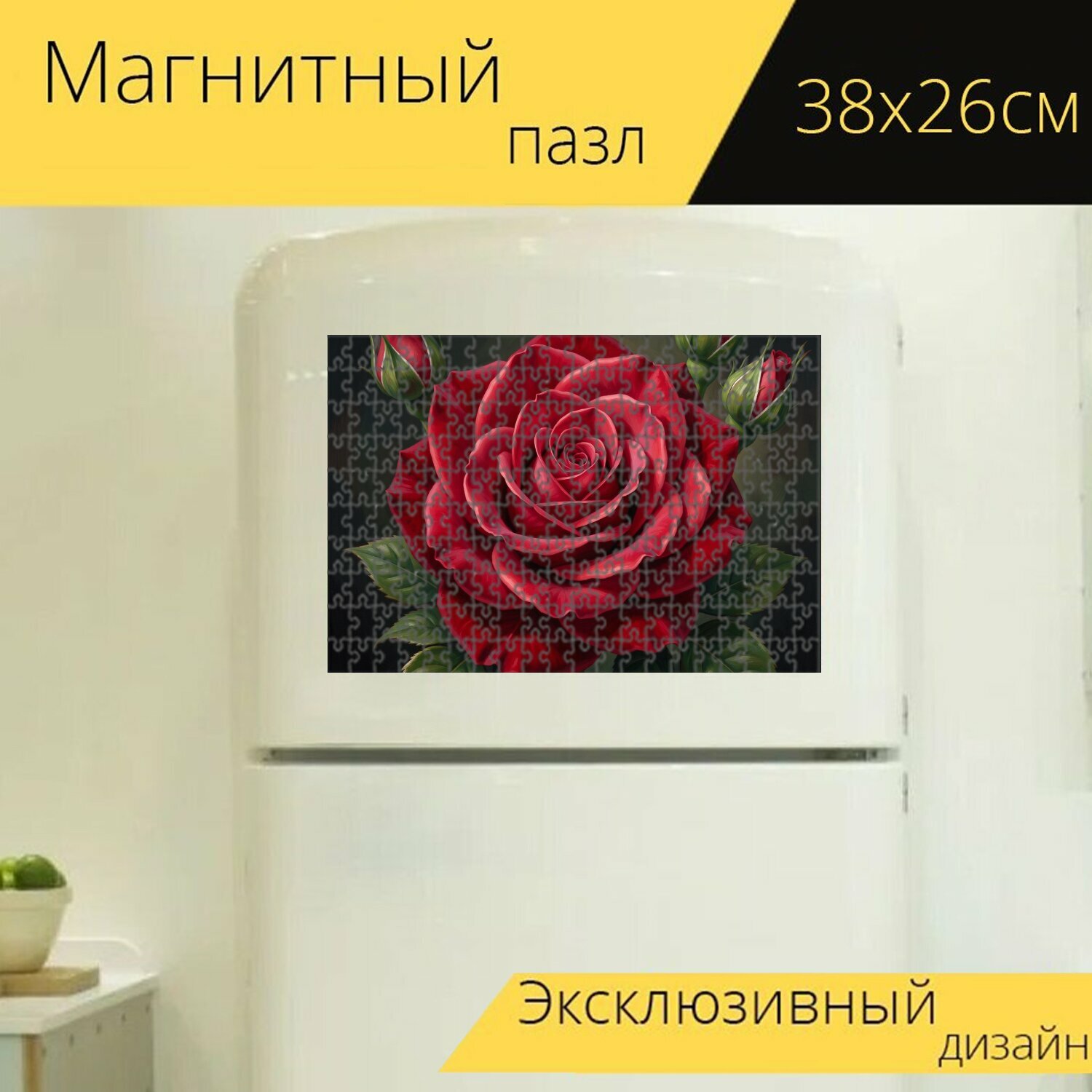 Магнитный пазл "Красная роза с бутонами. Насыщенный флористический сюжет с крупным алым цветком и нераспустившимися бутонами, тёмный фон, сочная зелень." для интерьера, 38х26 см.
