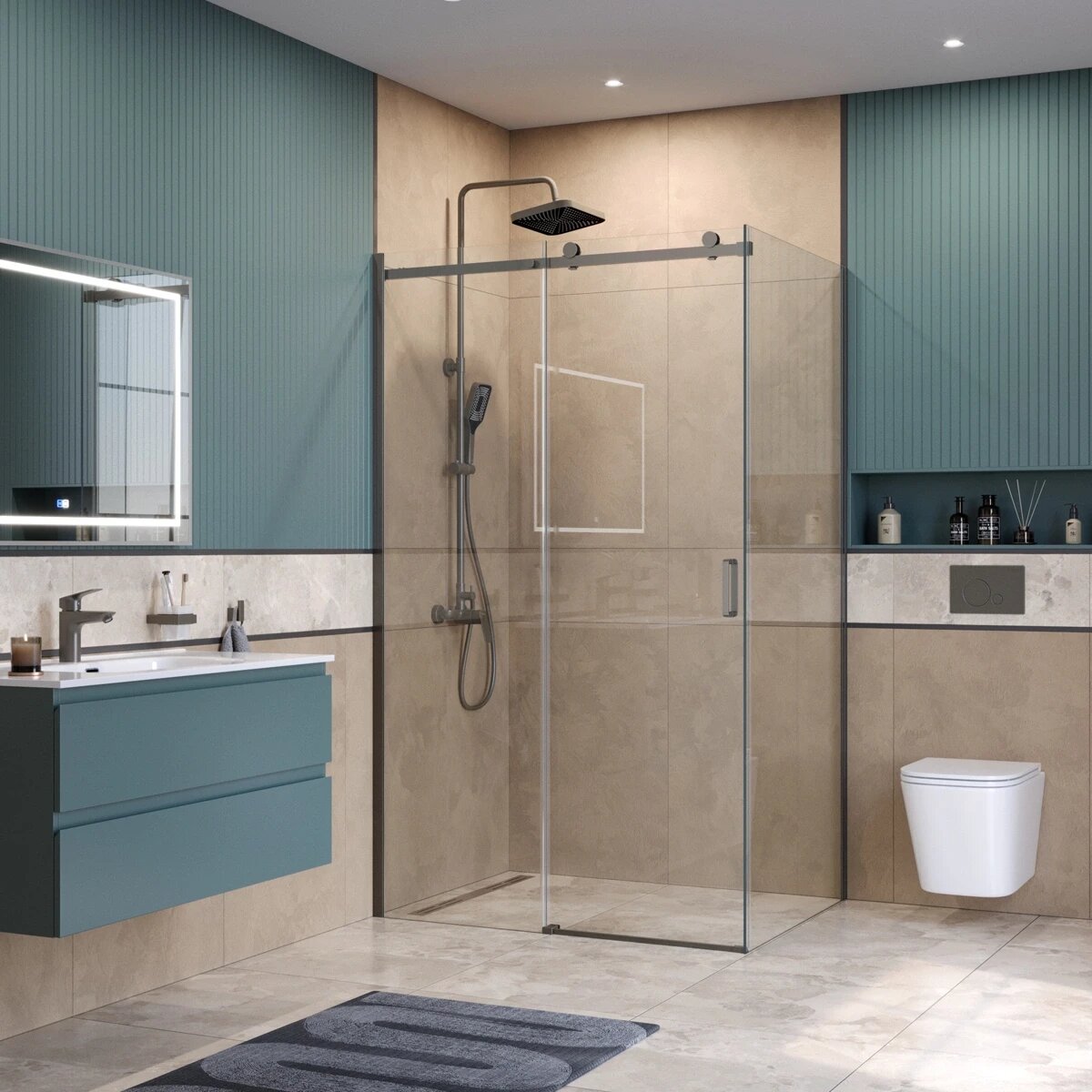 Душевой уголок BelBagno SOFT_CLOSE-2-AH-1 130х90 стекло прозрачное/профиль оружейная сталь