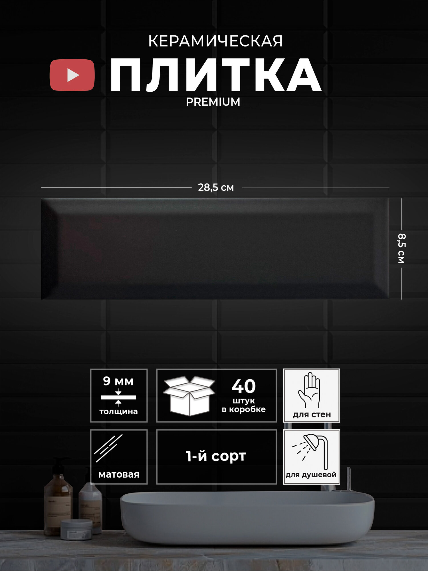 Плитка Kerama Marazzi "Гамма", черная, матовая, для стен, 8,5x28,5см, 40 шт