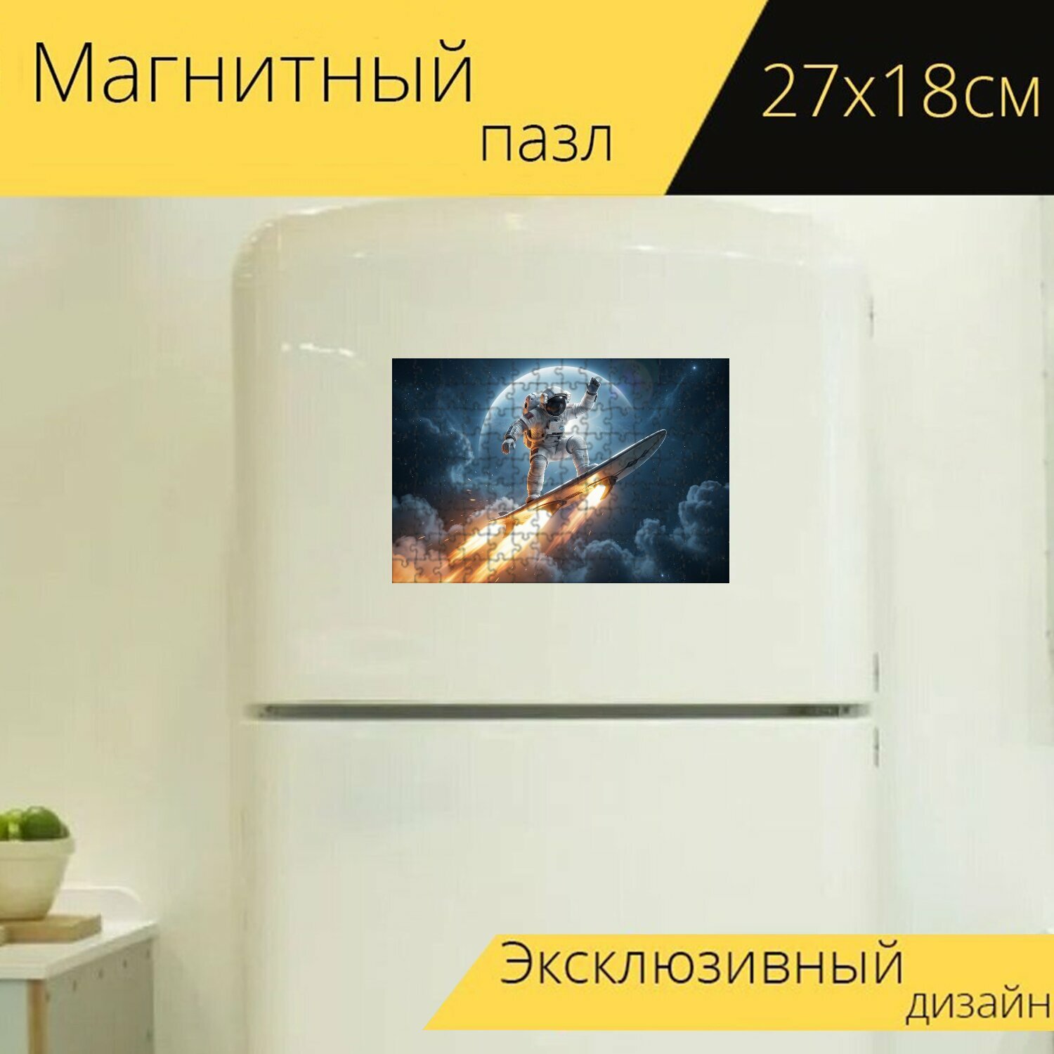 Магнитный пазл "Астронавт на летающей ракете. Футуристическая космическая сцена: космонавт в скафандре мчится на серфе с огненными двигателями среди." на холодильник 27 x 18 см.