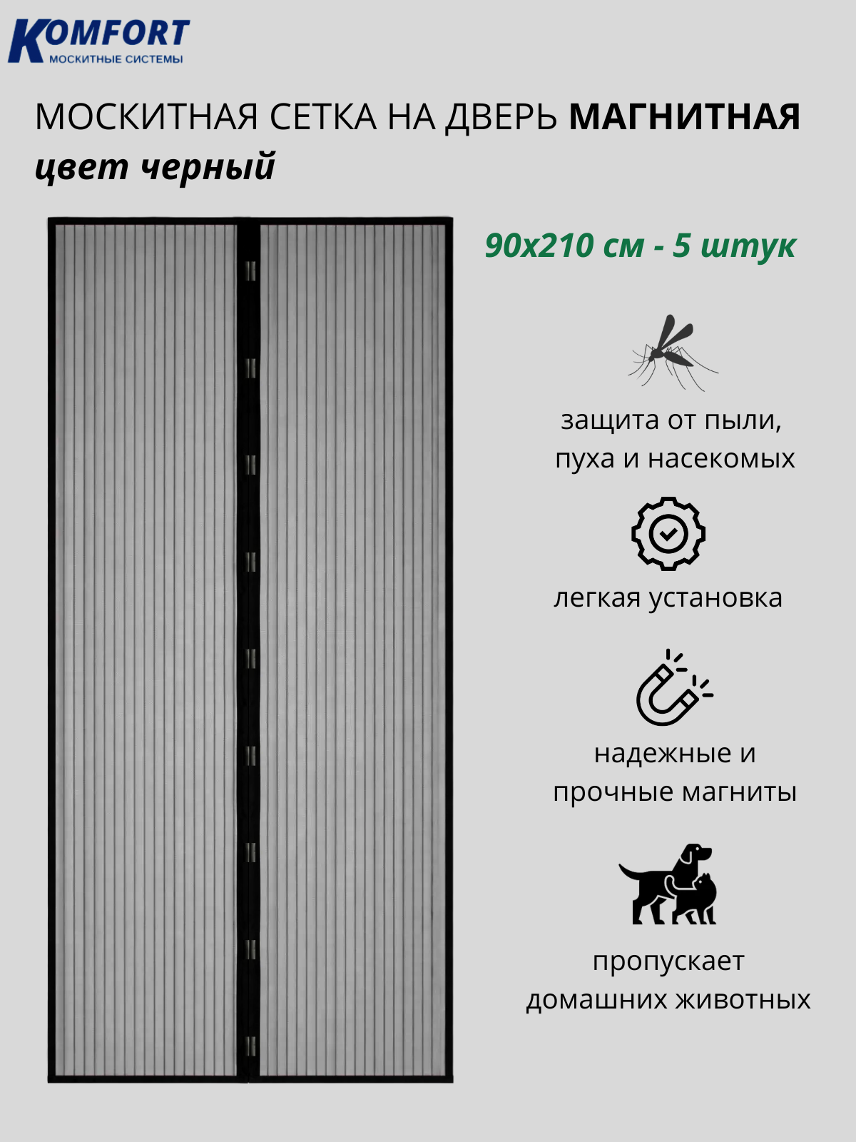 Москитная сетка занавес на дверь магнитная 90*210 см черная 5 шт
