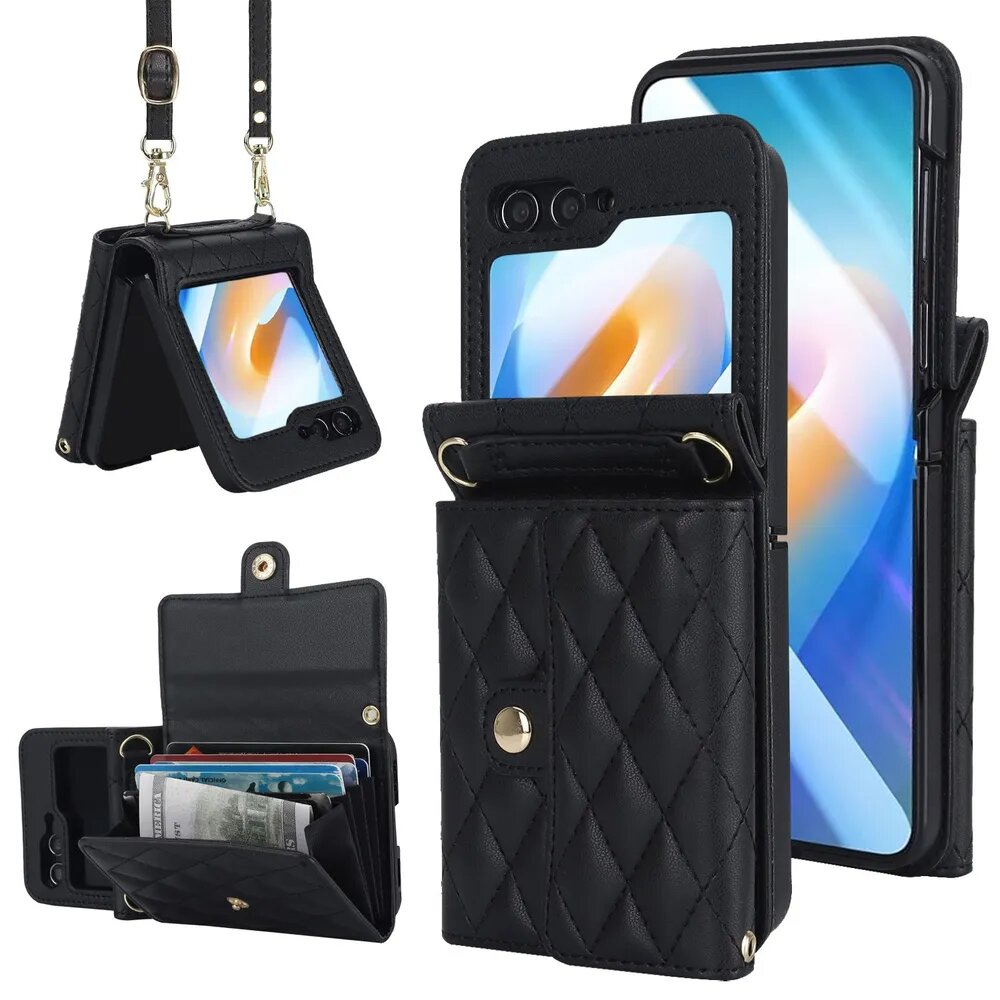 Подходит для Samsung Galaxy Z Flip6, Чехол для телефона /Самсунг Галакси Z Flip6/сумка-кошелек с длинным ремешком, Чехол противоударный для кожаный