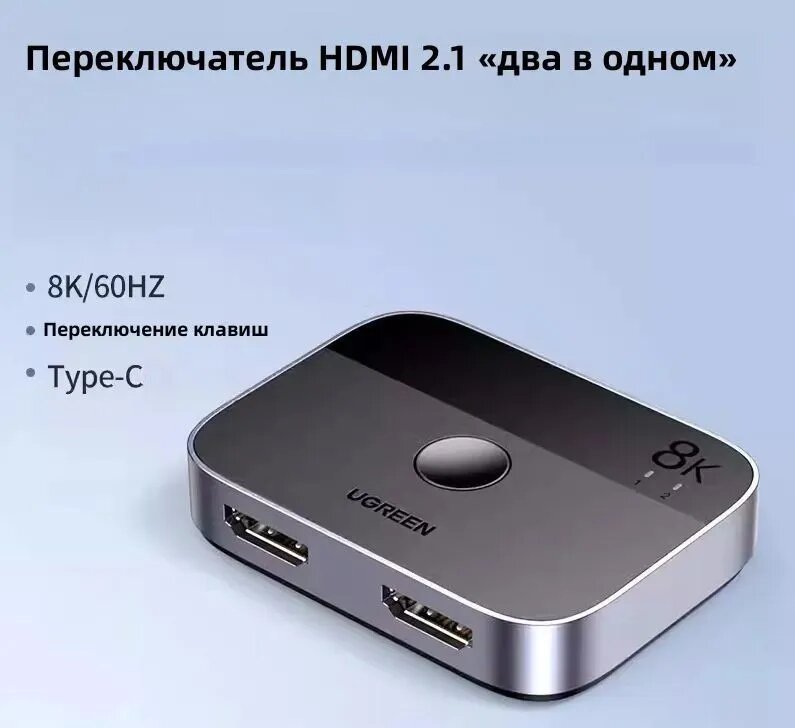 UGREEN CM561/90385 Двусторонний переключатель HDMI 2.1 8K@60Hz / разветвитель HDMI (2 порта входа для компьютера и 1 порт выхода для дисплея)