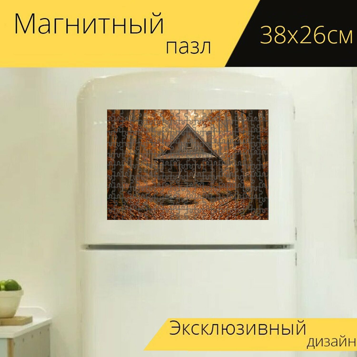 Магнитный пазл "Лесной домик среди осенних деревьев. Уютная деревянная хижина в чаще с тропинкой, ручьем и золотой листвой. Атмосферный осенний пейзаж в." для интерьера, 38х26 см.