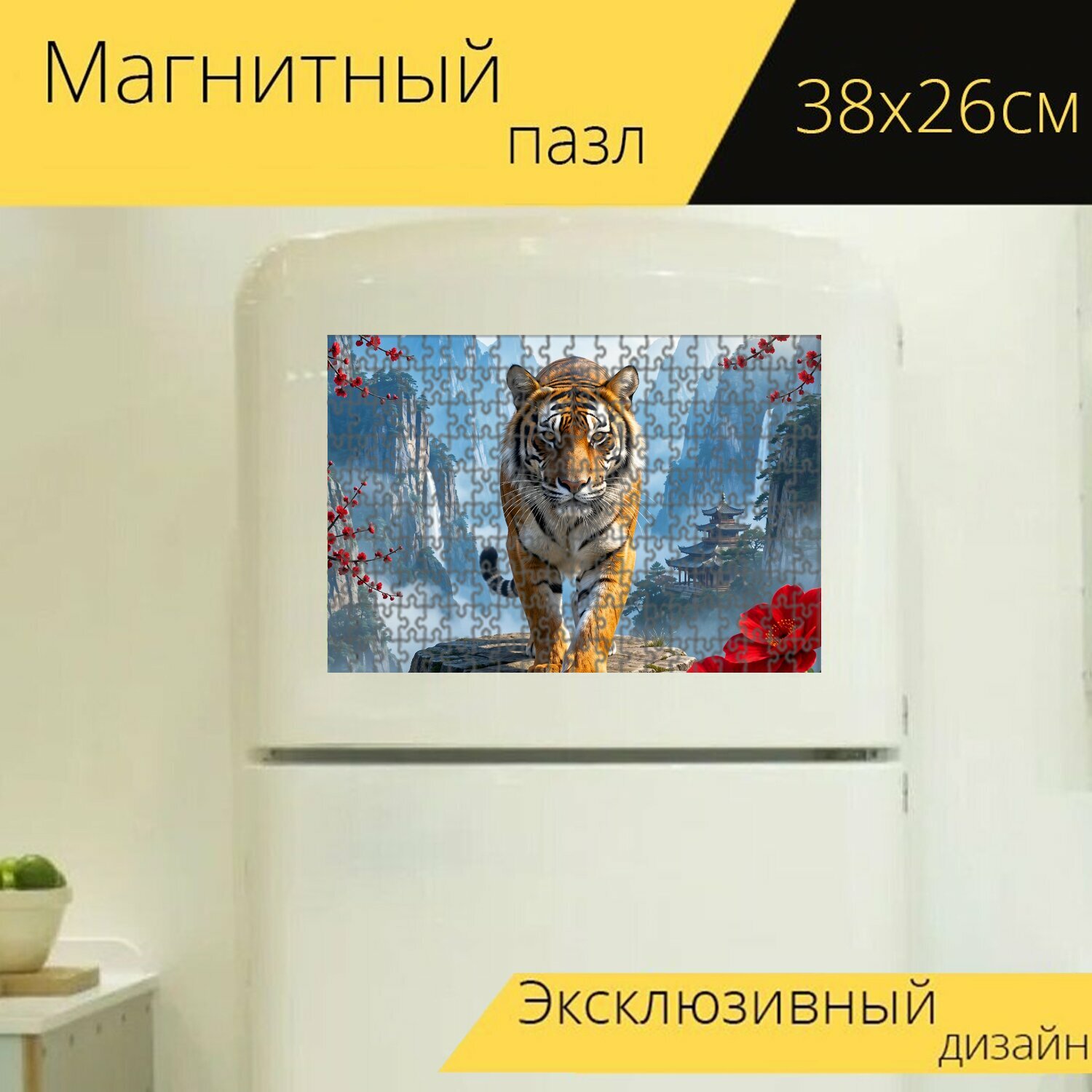 Магнитный пазл "Тигр в горном китайском пейзаже. Реалистичный хищник на каменной скале среди туманных вершин, водопадов и пагоды, обрамлённый красными." для интерьера, 38х26 см.