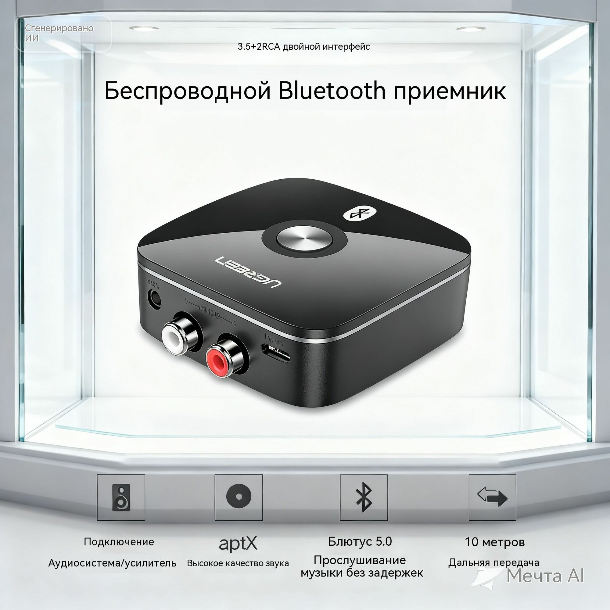 Bluetooth аудио адаптер Ugreen CM106 (40759) с поддержкой aptX HD, Bluetooth 5.0, AUX 3,5 мм +2RCA аудиоадаптер aptX HD bluetooth 5.0 AUX 2RCA