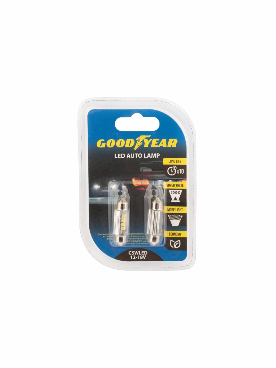 Светодиод 12V 5W (салон, номер) 41мм (C5W / SV8.5 T11x41) 12 18V (Goodyear) 2шт. Блистер