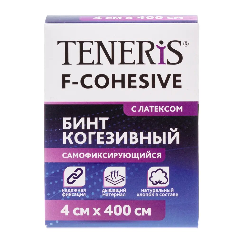 Teneris Бинт F-Cohesive когезивный самофиксирующийся на тканевой основе с латексом 4 см х 400 см 1 шт