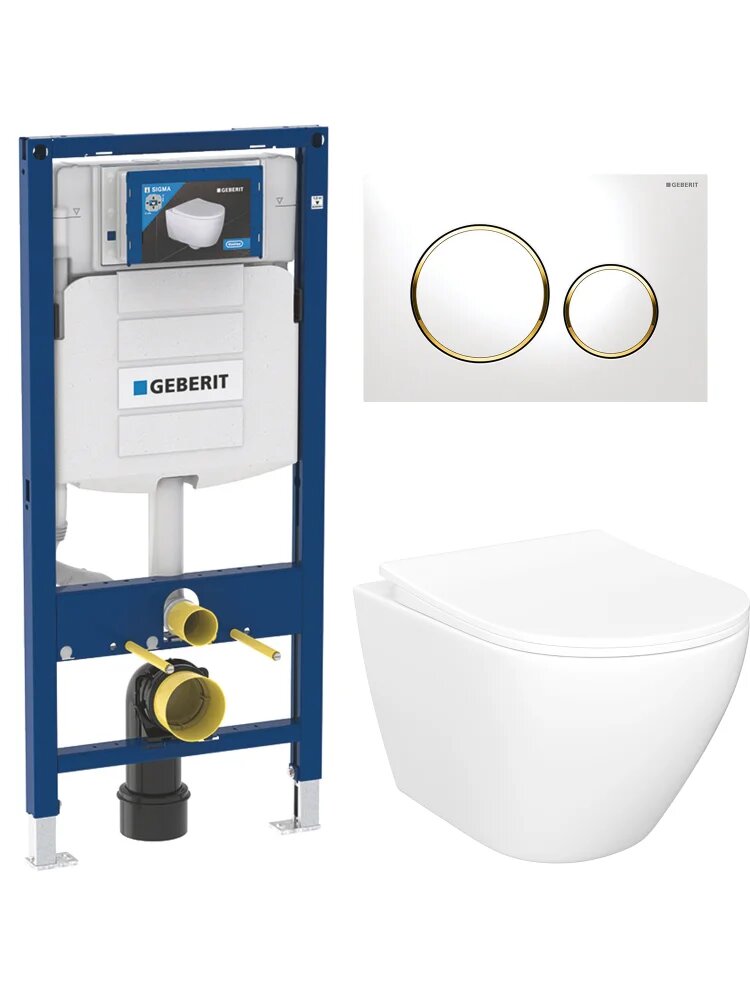 Комплект 4 в 1: Инсталляция Geberit Duofix UP 320 111.300.00.5 (111.950.00.6) / Унитаз подвесной STWORKI Кронборг S28401WH безободковый, с микролифтом / Комплект креплений, Кнопка Geberit Sigma 20 115.882. KK.1, белая, золото