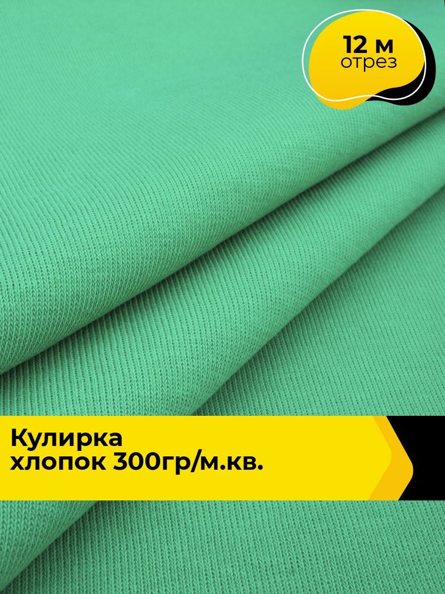 Ткань трикотаж Кулирка хлопок 300гр/м. кв. для шитья 12 м*150 см, цвет зеленый