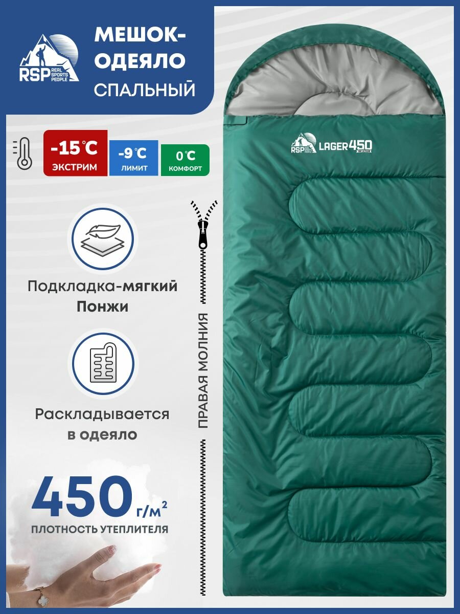 Спальный мешок RSP Lager 450 R (220*75 см, молния справа, цв. зеленый)