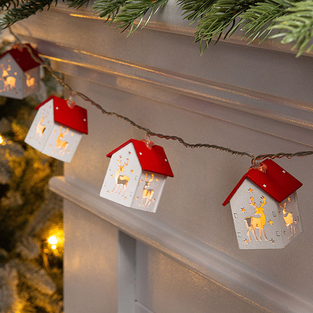Светодиодная гирлянда на батарейках Домики - Олени 1.8 м, 10 теплых LED ламп, Winter Deco, 4070751