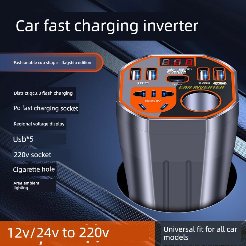 Универсальный автомобильный инвертор 12В/24В с 4 портами USB, Type-C, умным дисплеем, быстрой зарядкой QC3.0, розеткой