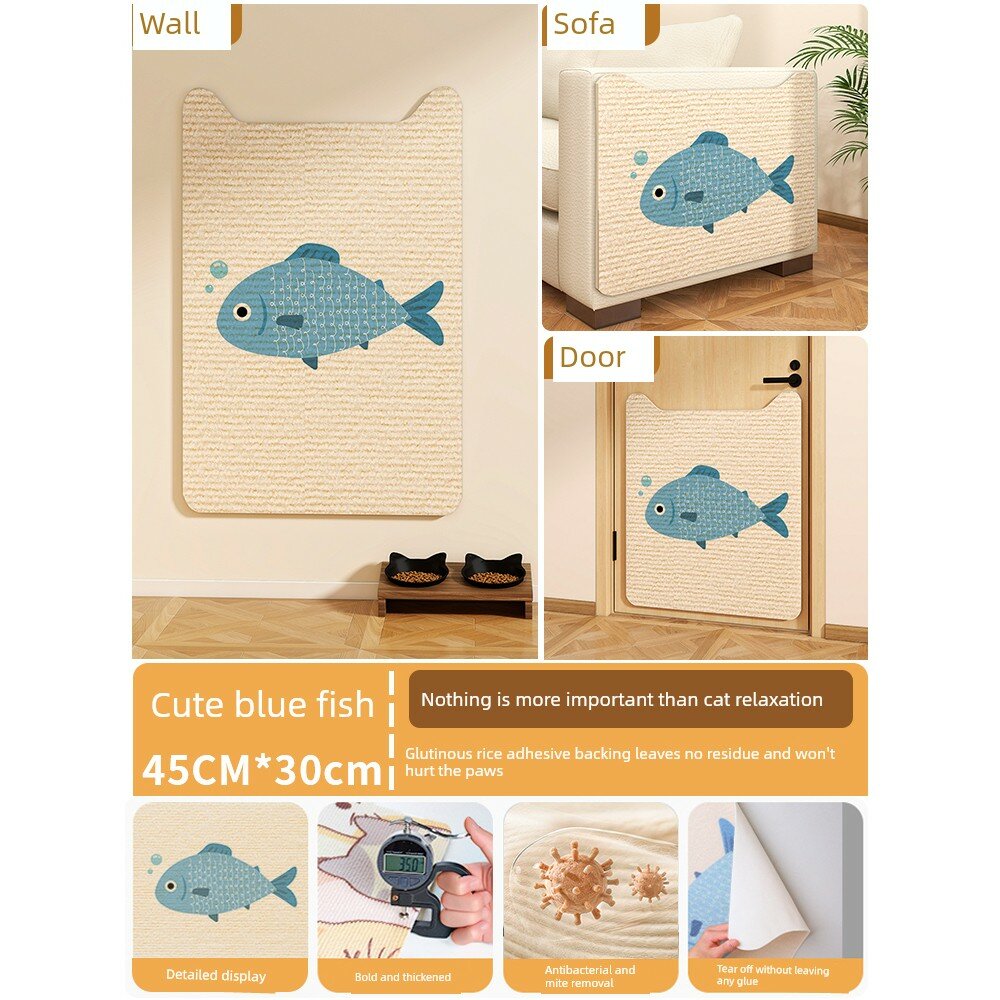Синяя рыбка коврик для когтей 45x30 см, без клея, не царапает мебель