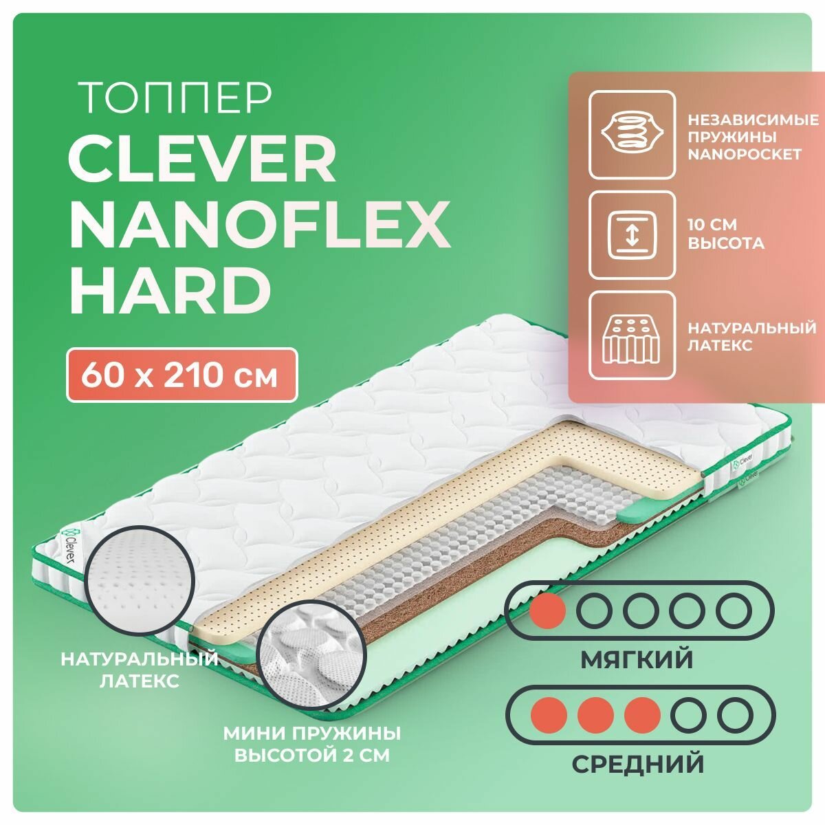 Пружинный матрас-топпер 60х210 Clever NanoFlex Hard, на независимых пружинах NanoPocket высотой 3 см, с латексом, кокосом и массажной поверхностью, детский 210х60
