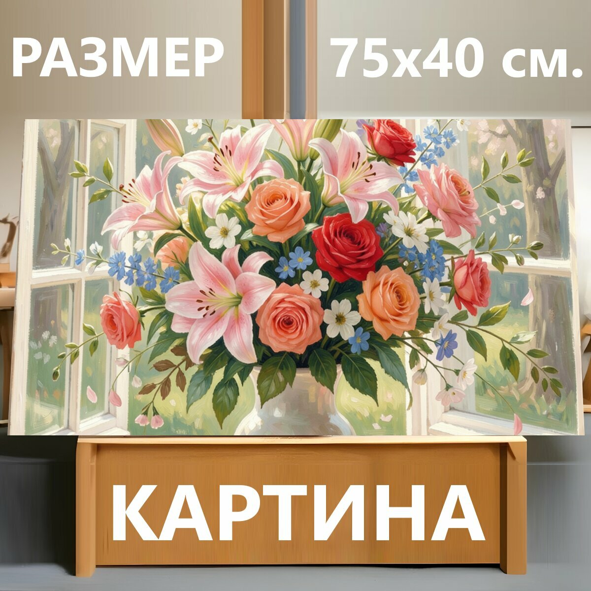 Картина на холсте "Цветочный букет у окна. Нежная живописная композиция с розовыми лилиями, розами и полевыми цветами в светлой вазе, на." на подрамнике 75х40 см. для интерьера