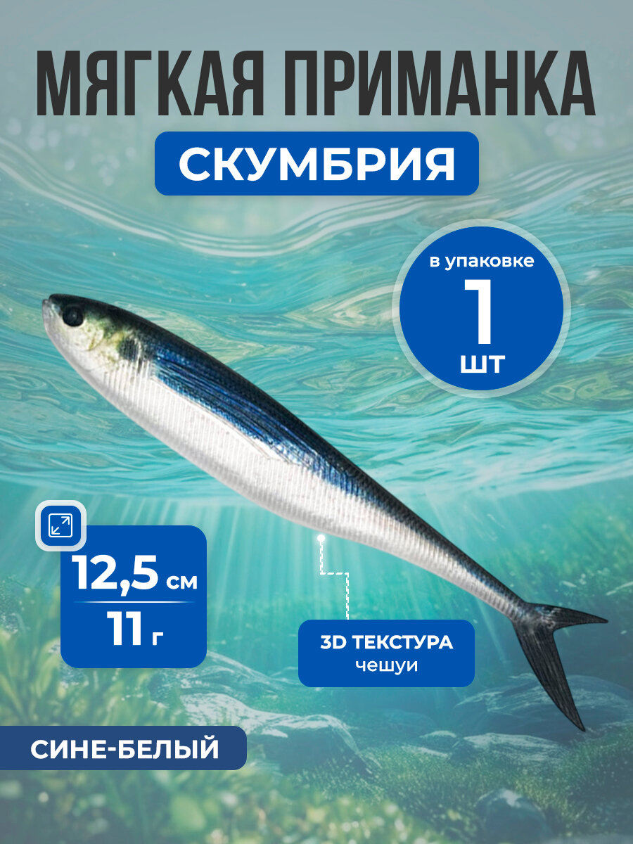 Рыболовная реалистичная, мягкая 3D приманка Soft Swimbait/Paddle Tail/Shad, имитация скумбрии, для троллинга/заброса в соленой воде, 12,5 см/11г, сине-белый