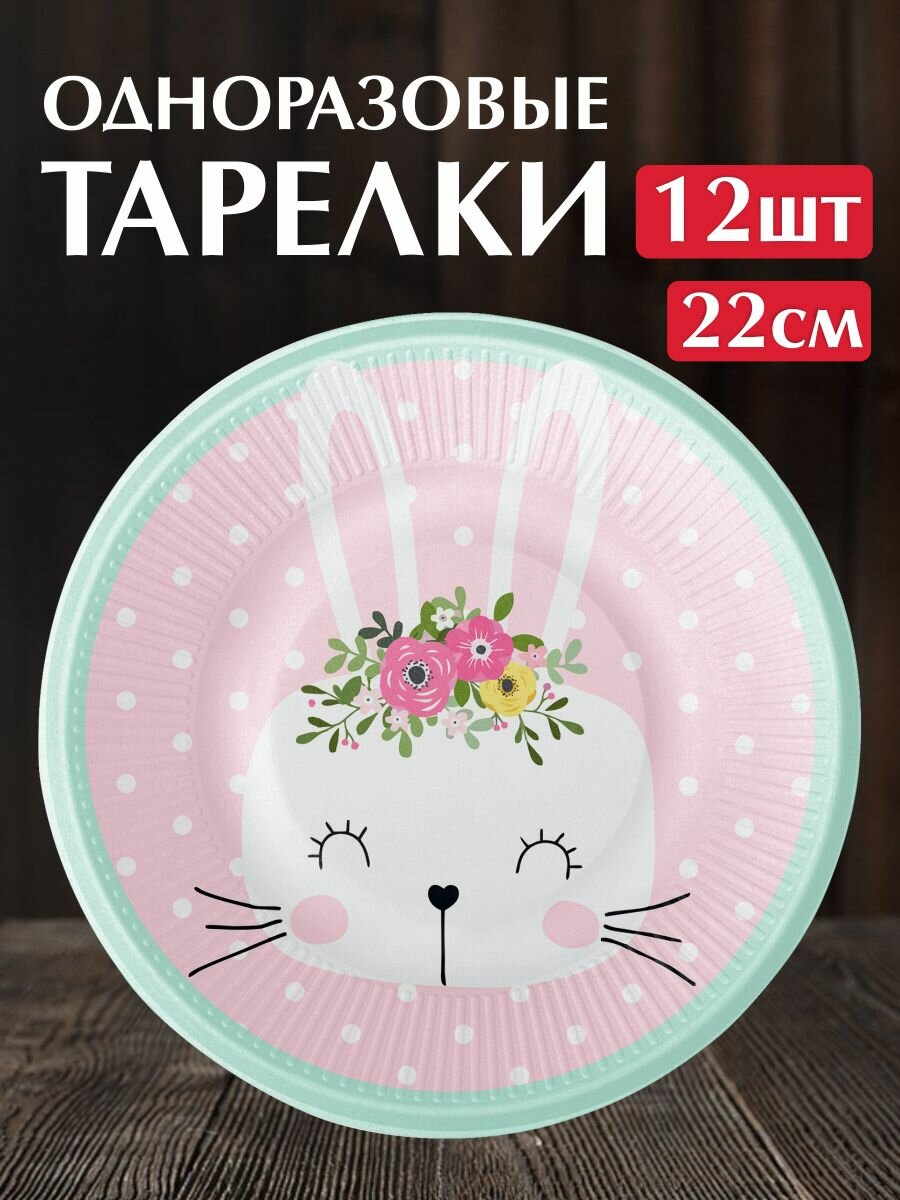 Одноразовые тарелки для детского праздника на день рождения "Зайчик". Набор 12 штук. Сервировка праздничного стола.