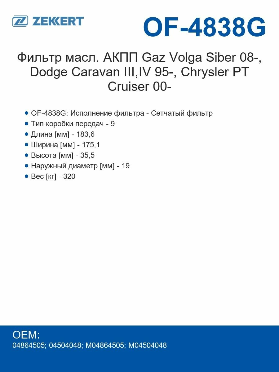 Zekkert Фильтр масляный АКПП Gaz Volga Siber 08-, Dodge Caravan III, IV 95-, Chrysler PT Cruiser 00-