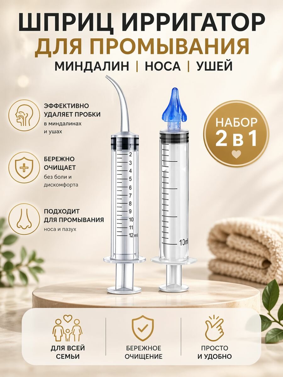 Шприц для промывания миндалин и горла, очищения ушей, шприц-ирригатор с тонким носиком-наконечником для удаления серных пробок, 12 мл набор