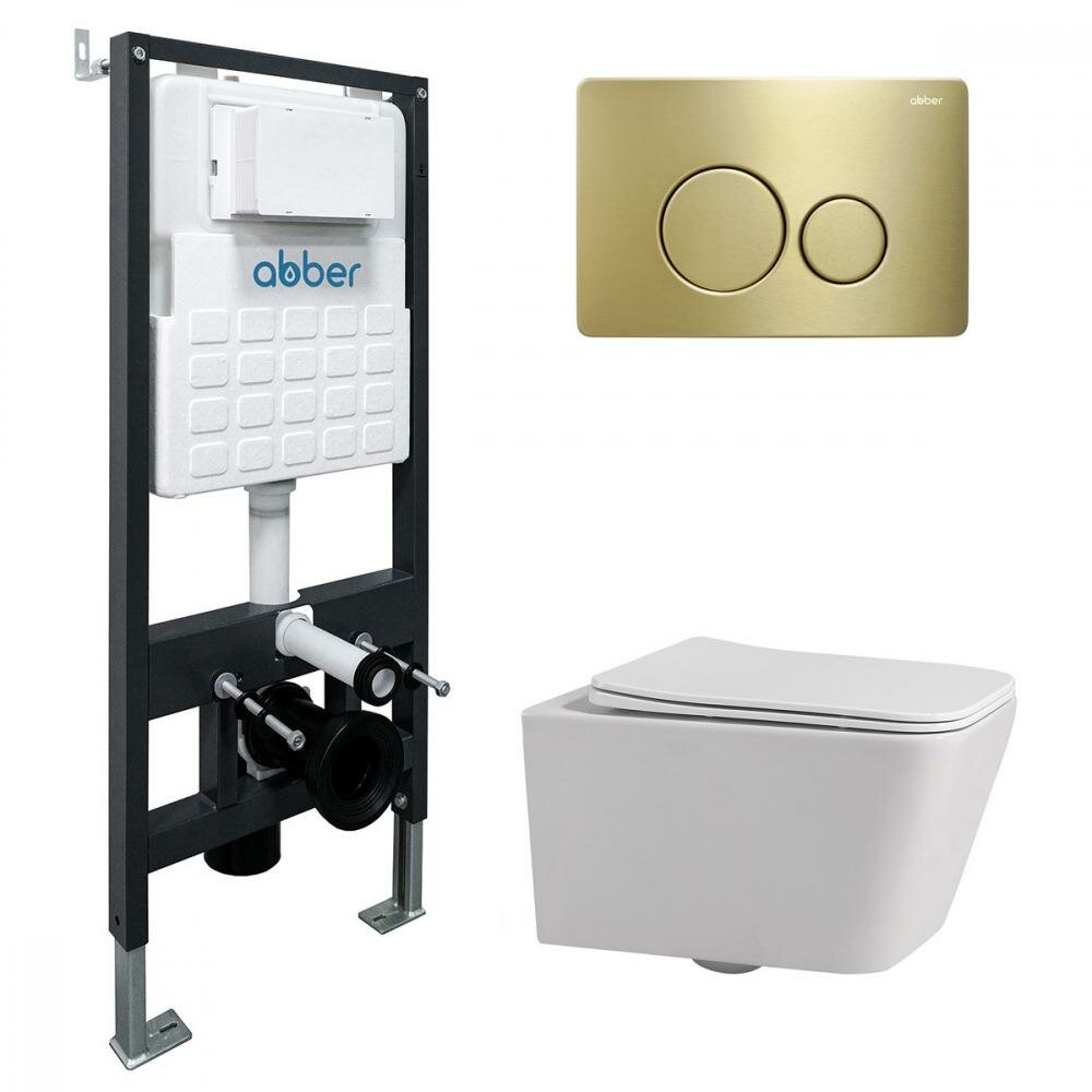 Инсталляция с унитазом комплект Abber Rechteck AC1201-AC0105-AC0121MMG белый, с сиденьем и кнопкой смыва золото