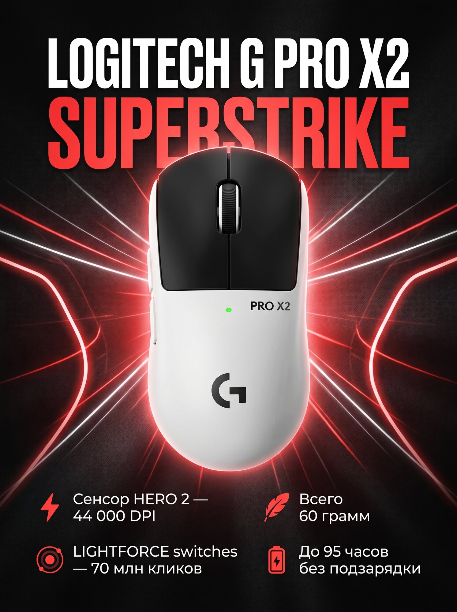 Logitech G PRO X2 SUPERSTRIKE, беспроводная игровая мышь , магнитная, новинка 2026 г.