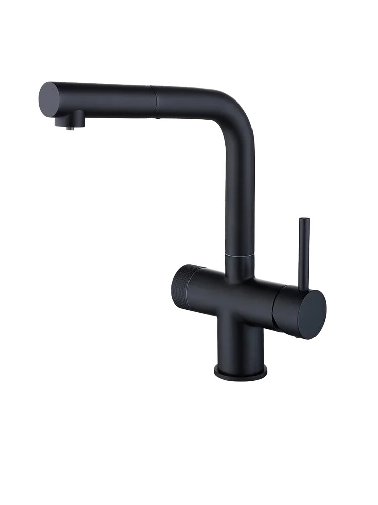 Смеситель для кухни Emar Steel ЕС - 7026 Black с краном для питьевой воды, с поворотным изливом, черный, матовый, однорычажный, латунный, с керамическим картриджем