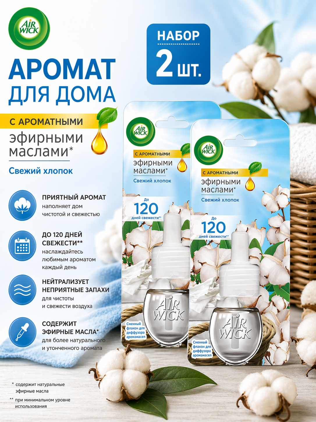 Набор 2 шт Air Wick - Сменный флакон для диффузора аромамасел Свежий хлопок 19 мл