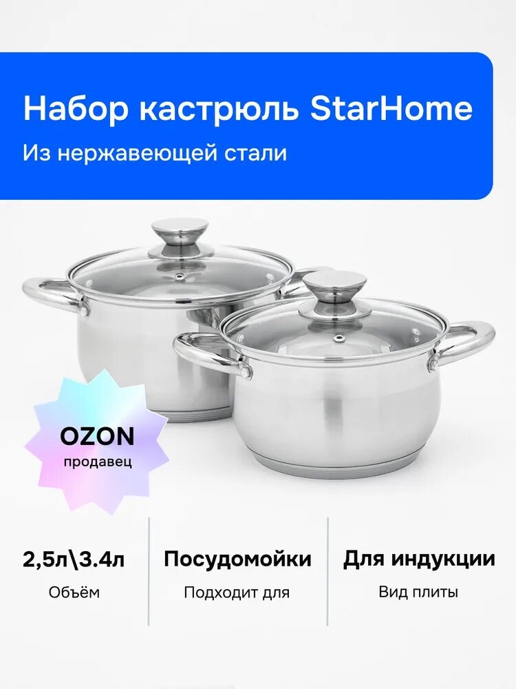 Набор кастрюль из нержавеющей стали, 2,5л+3.4л, 2шт, для всех видов плит