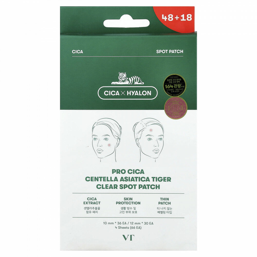 VT Cosmetics, Pro Cica Centella asiatica Tiger, патчи для лица, 4 шт, 66 патчей