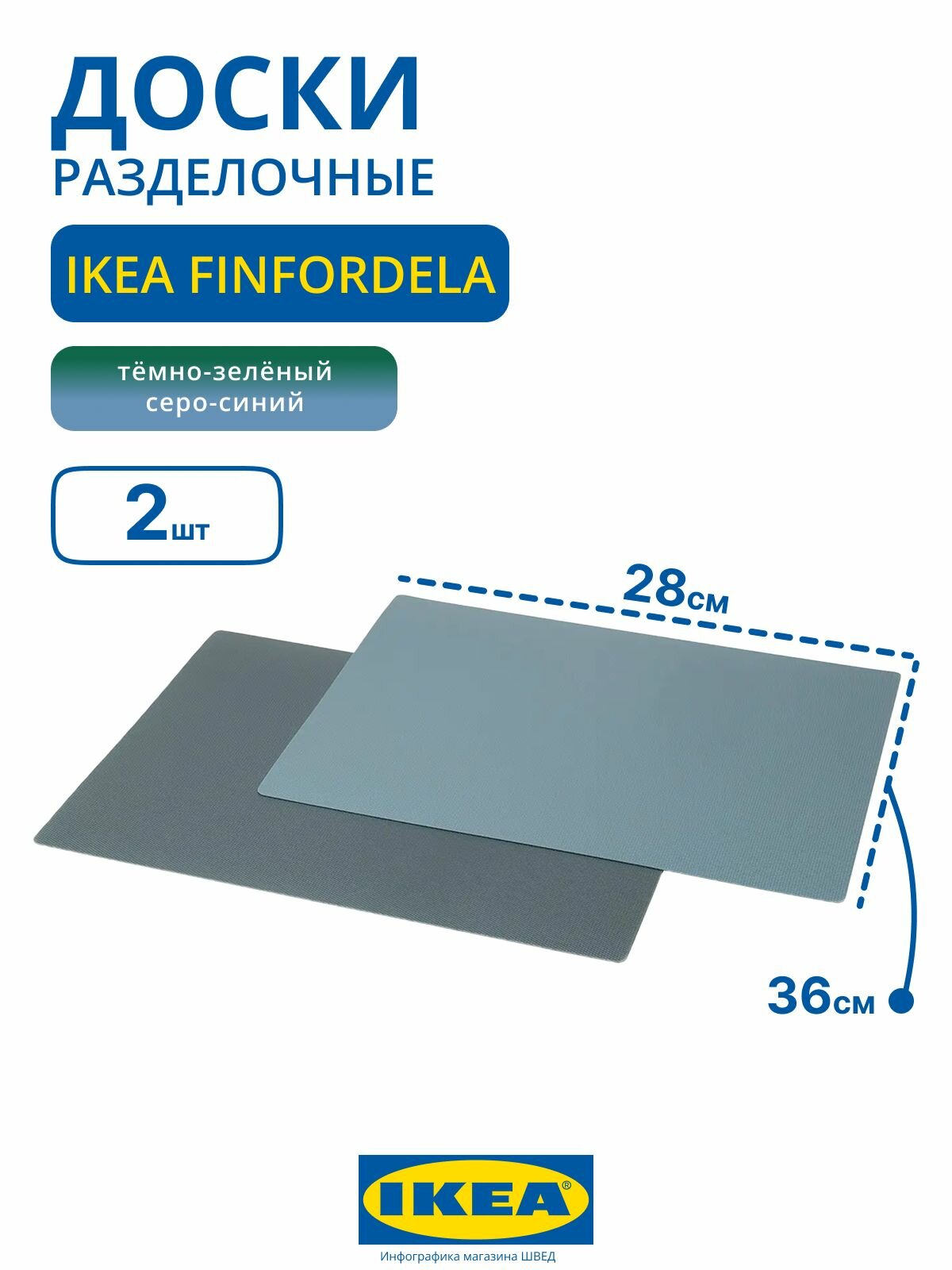 Разделочная доска икеа финфордела / IKEA FINFORDELA, 28*36 см, комплект 2 шт, тёмно-зелёный/серо-синий