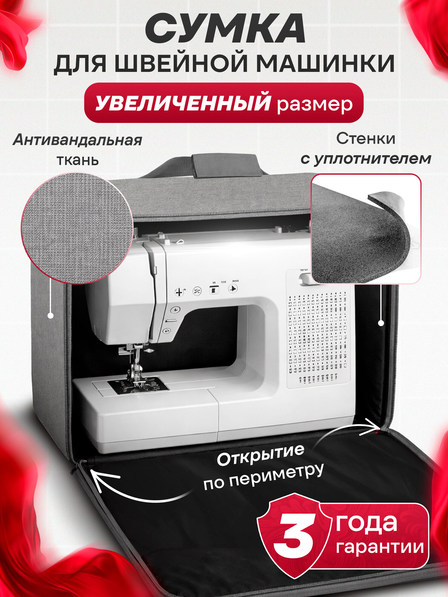 Комплект: Сумка-чехол для швейной машинки, 45х35х30 см + портновская лента