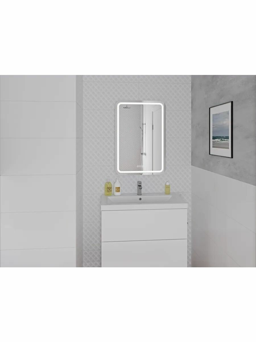 Зеркало LED DESIGN PRO 050 55 хол. тепл. cвет часы с подсветкой прямоугольное