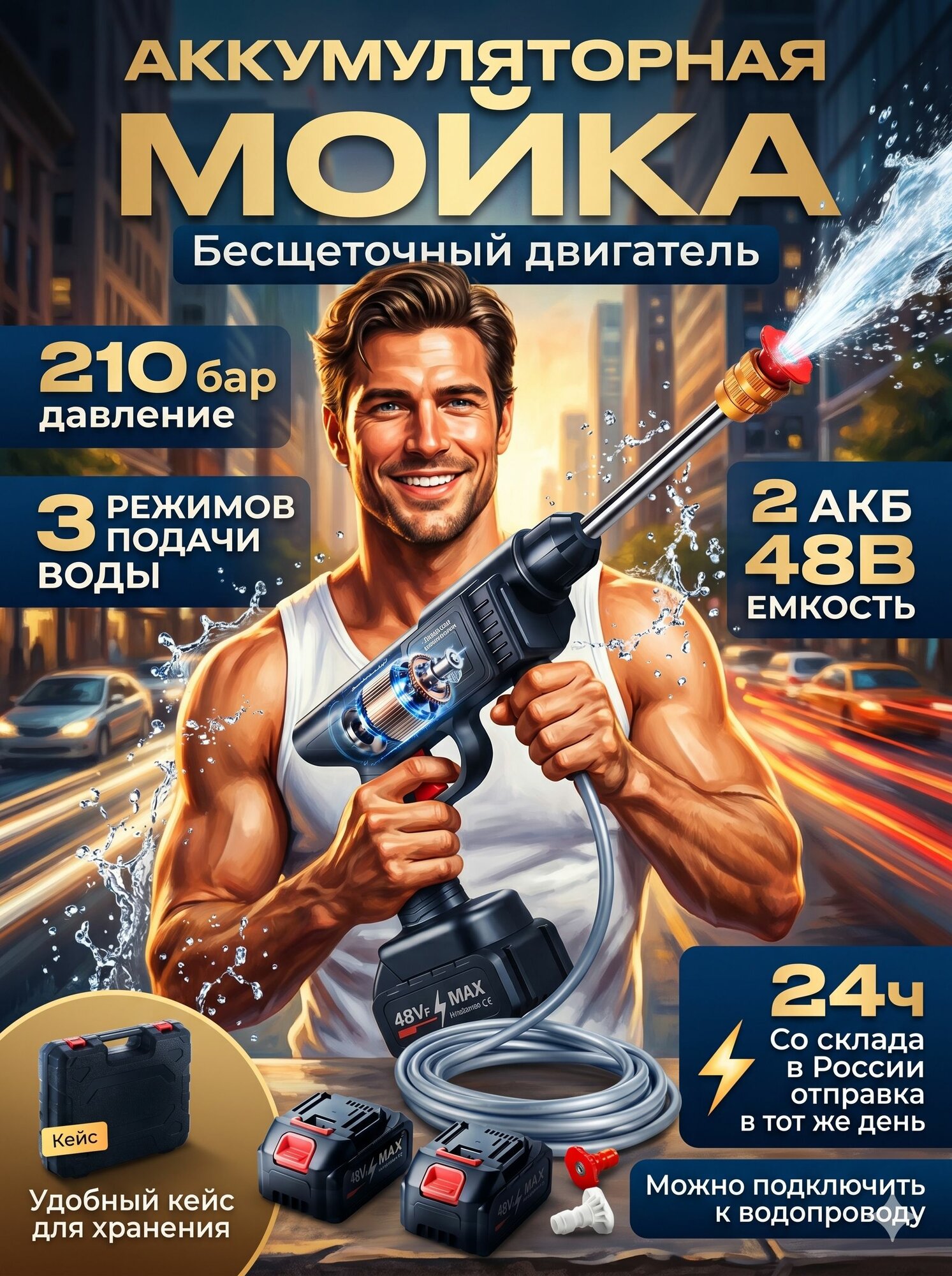 Аккумуляторная мойка высокого давления для автомобиля в кейсе / Портативная, Минимойка с пистолетом и пенообразователем беспроводная с двумя батареямиАккумуляторная мойка высокого давления